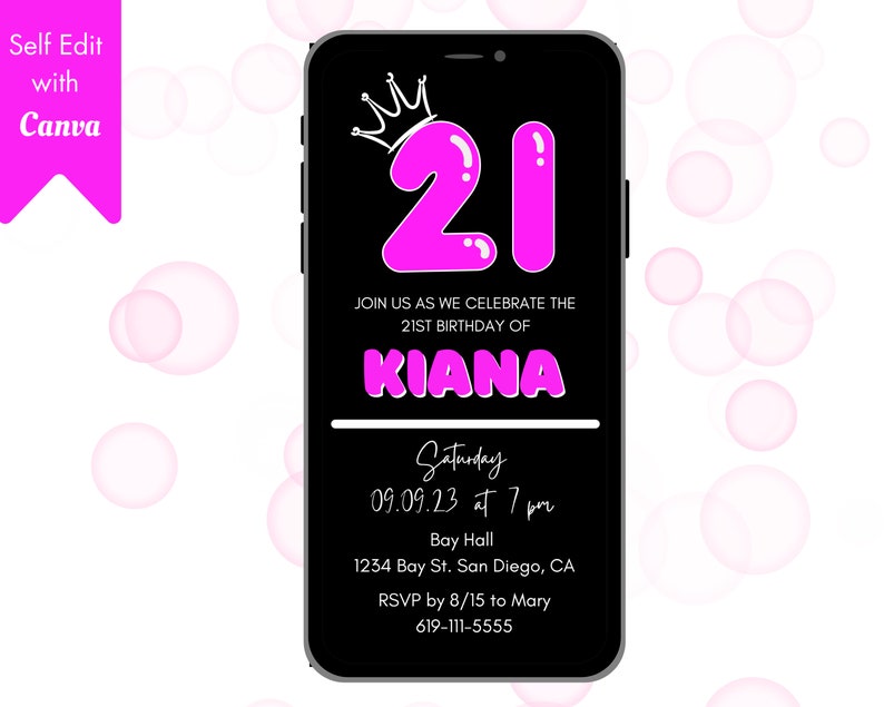 Digital 21st Birthday Invite, Bubble 21 Princess, Neon Hot Pink Digital ...
