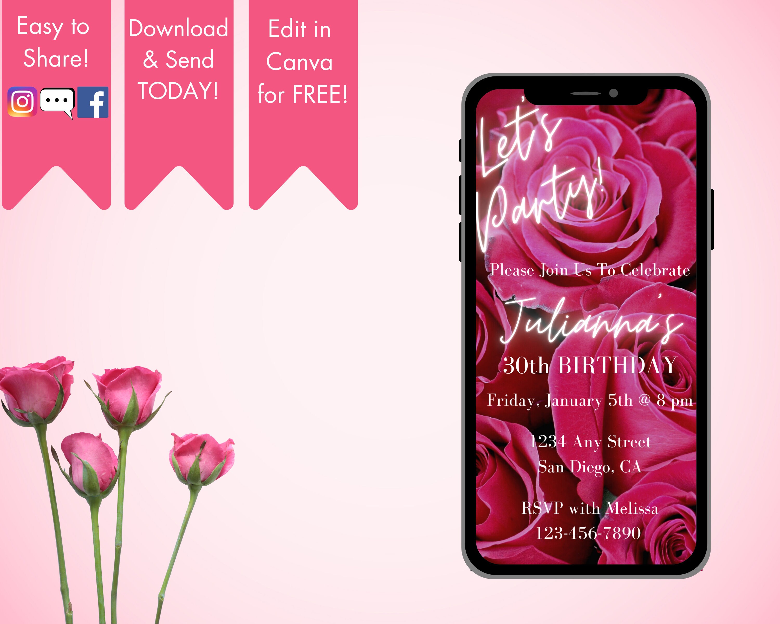 Digital Pink Roses Birthday Invitation, Electronic Birthday Invite ...