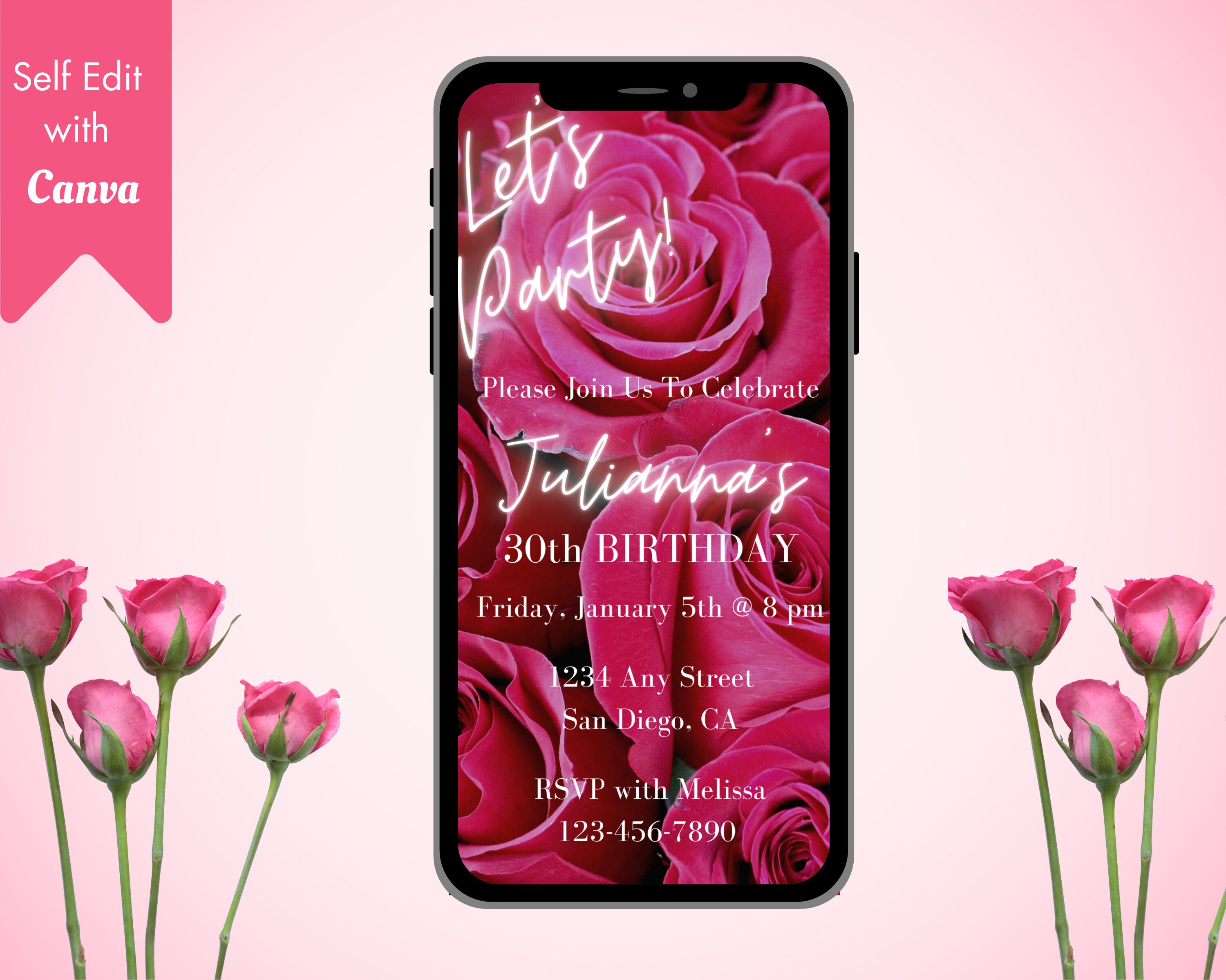 Digital Pink Roses Birthday Invitation Electronic Birthday - Etsy