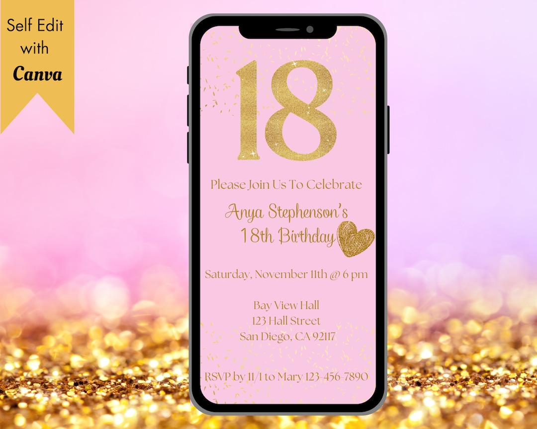 Digital 18th Birthday Party Invitation, Editable Pink Gold Confetti ...