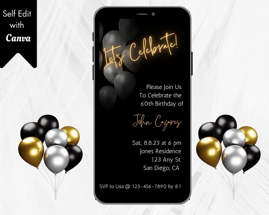 Digital Gold & Black 60th Birthday Invite, Editable Age, Let's Celebrate Birthday Invitation ...