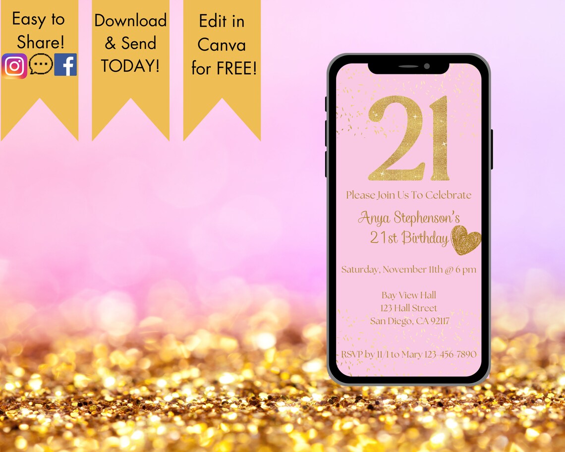 Digital 21st Birthday Party Invitation, Editable Pink Gold Confetti ...