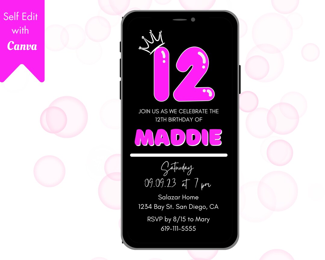Digital 12th Birthday Invite, Text Editable Template, SMS Invite ...