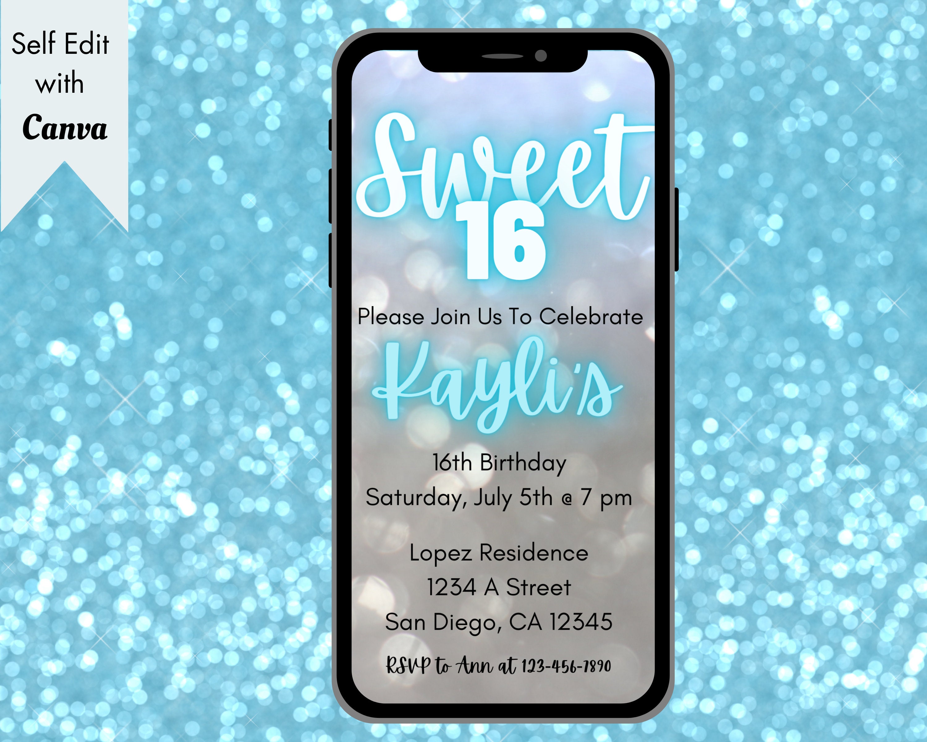 Digital Sweet 16 Birthday Party Invitation, Electronic Phone Text Evite ...