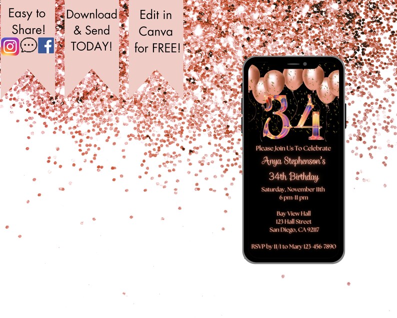 Black & Rose Gold 34th Birthday Invitation, Balloons Confetti (digital ...