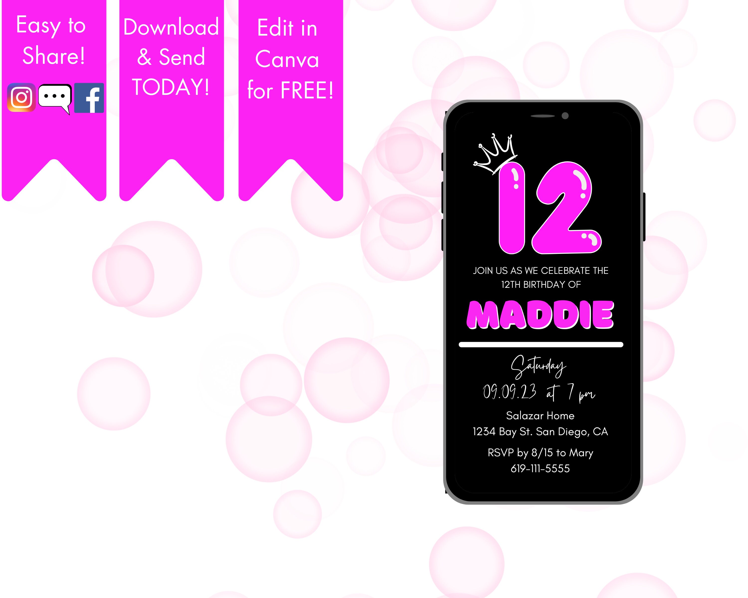 Digital 12th Birthday Invite, Text Editable Template, SMS Invite ...