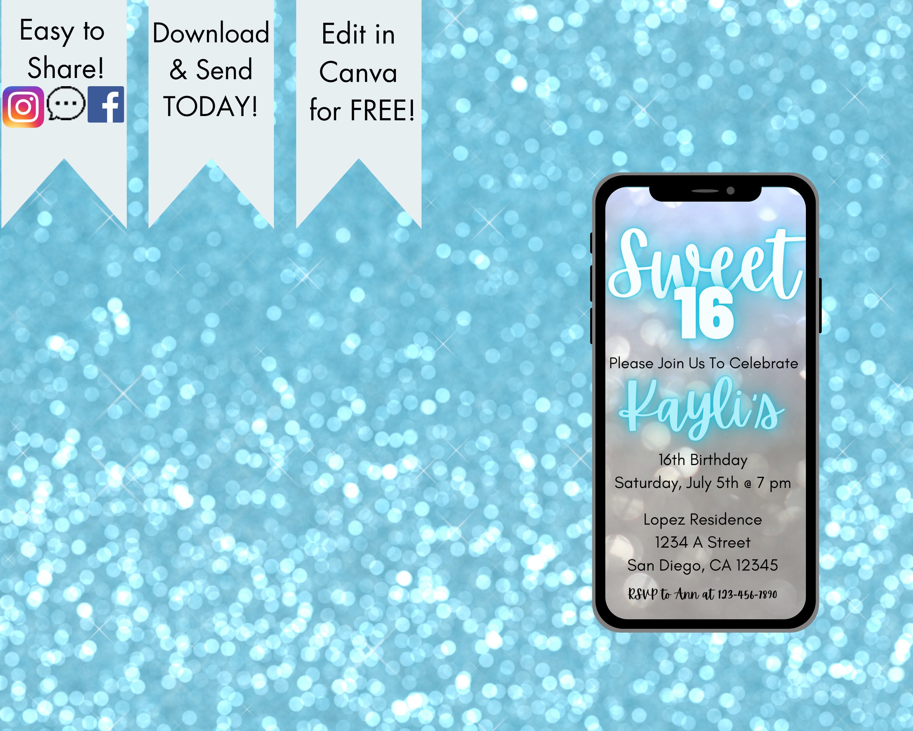 Digital Sweet 16 Birthday Party Invitation, Electronic Phone Text Evite ...