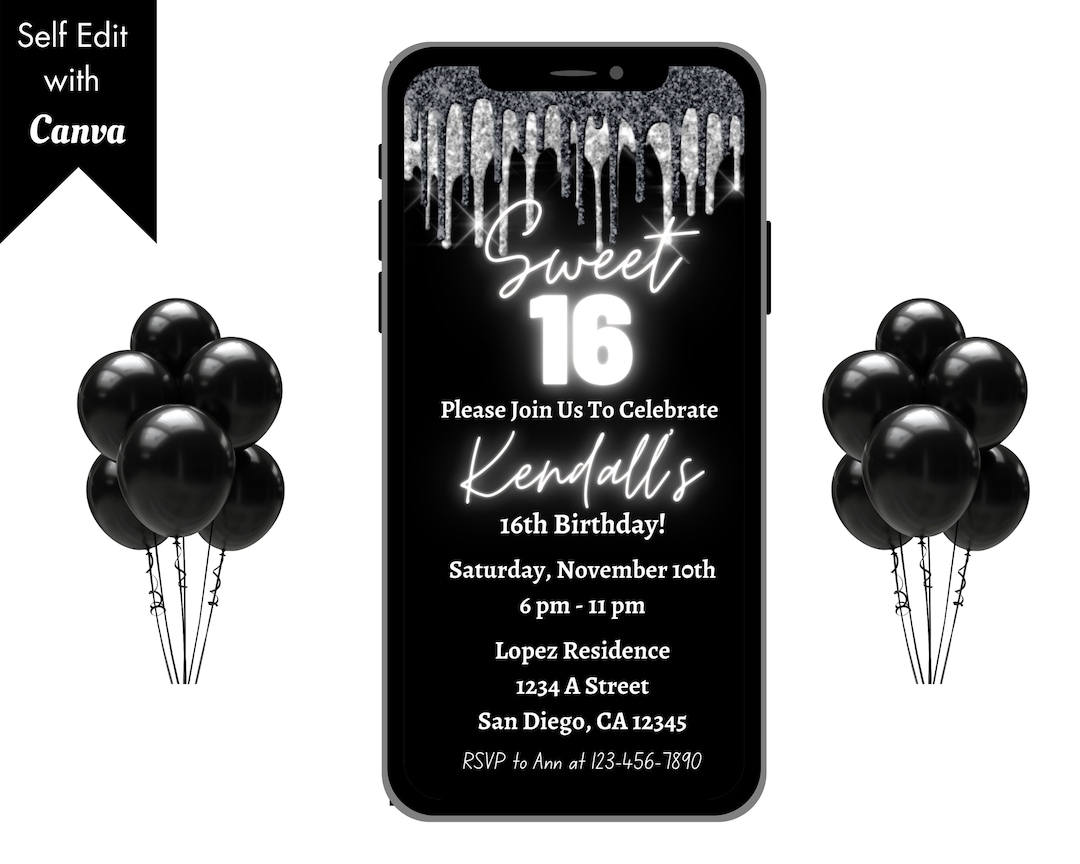 Digital Sweet 16th Birthday Party Invite, Electronic Phone Text Evite ...