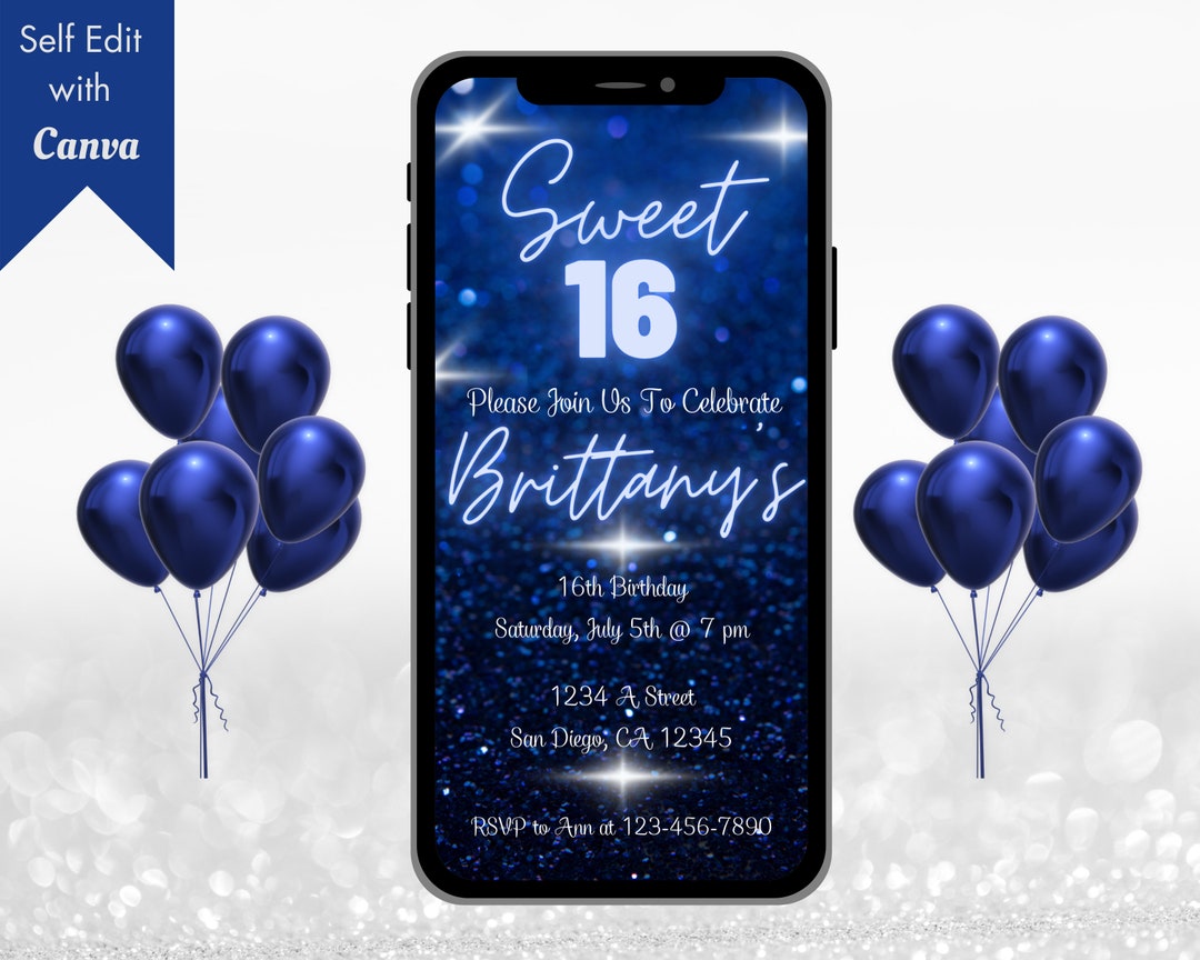 Digital Sweet 16 Blue Birthday Party Invitation, Electronic Phone Text ...