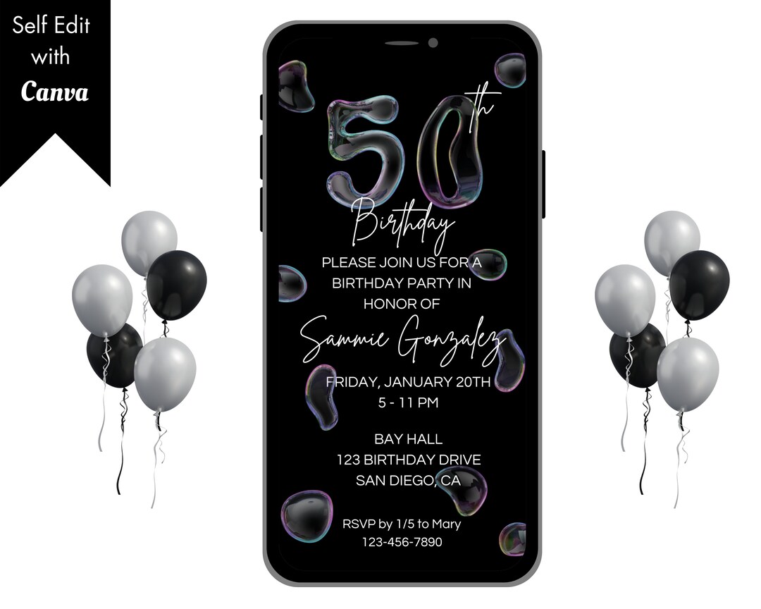 50th Birthday Invitation, Black & White Bubbles, Editable Text Evite ...