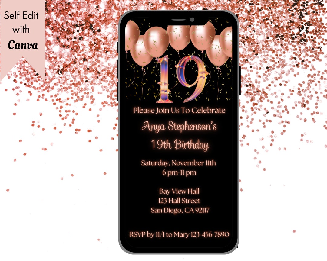 Digital Black and Rose Gold 19th Birthday Party Invitation, Editable ...