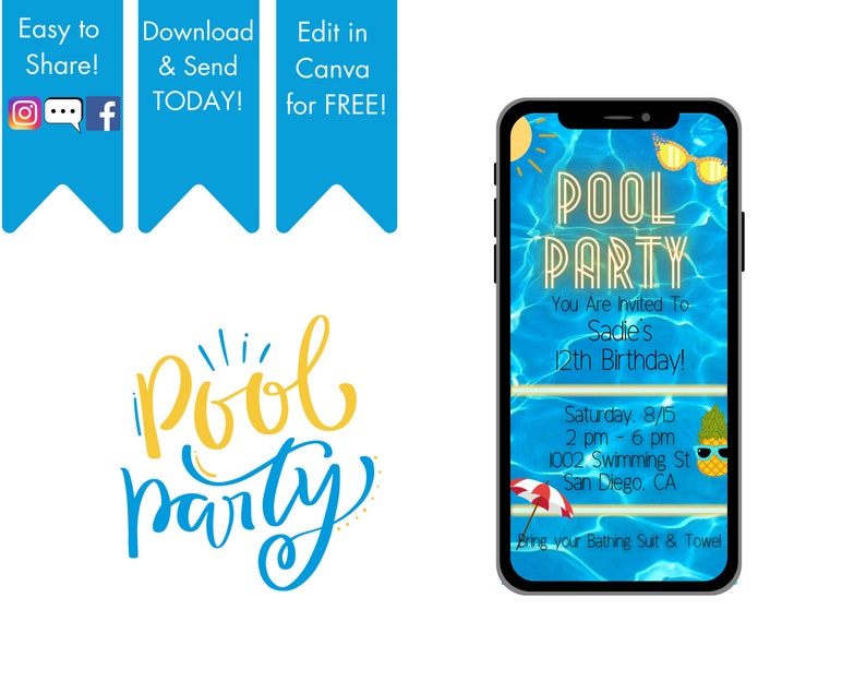 Digital Pool Birthday Party Invitation, Editable AGE, Summer Birthday ...