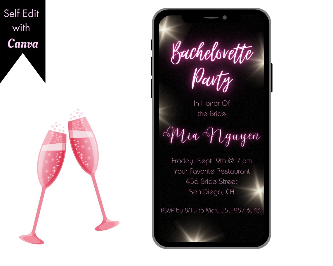Digital Bachelorette Pink and Black Party Invite, Editable Invite ...