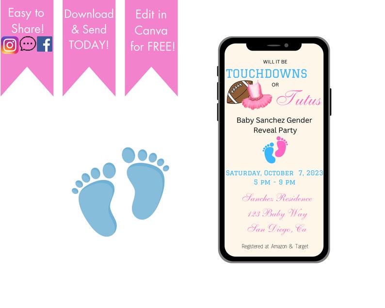 Digital Touchdown or Tutus Gender Reveal Party Invitation, Boy or Girl ...