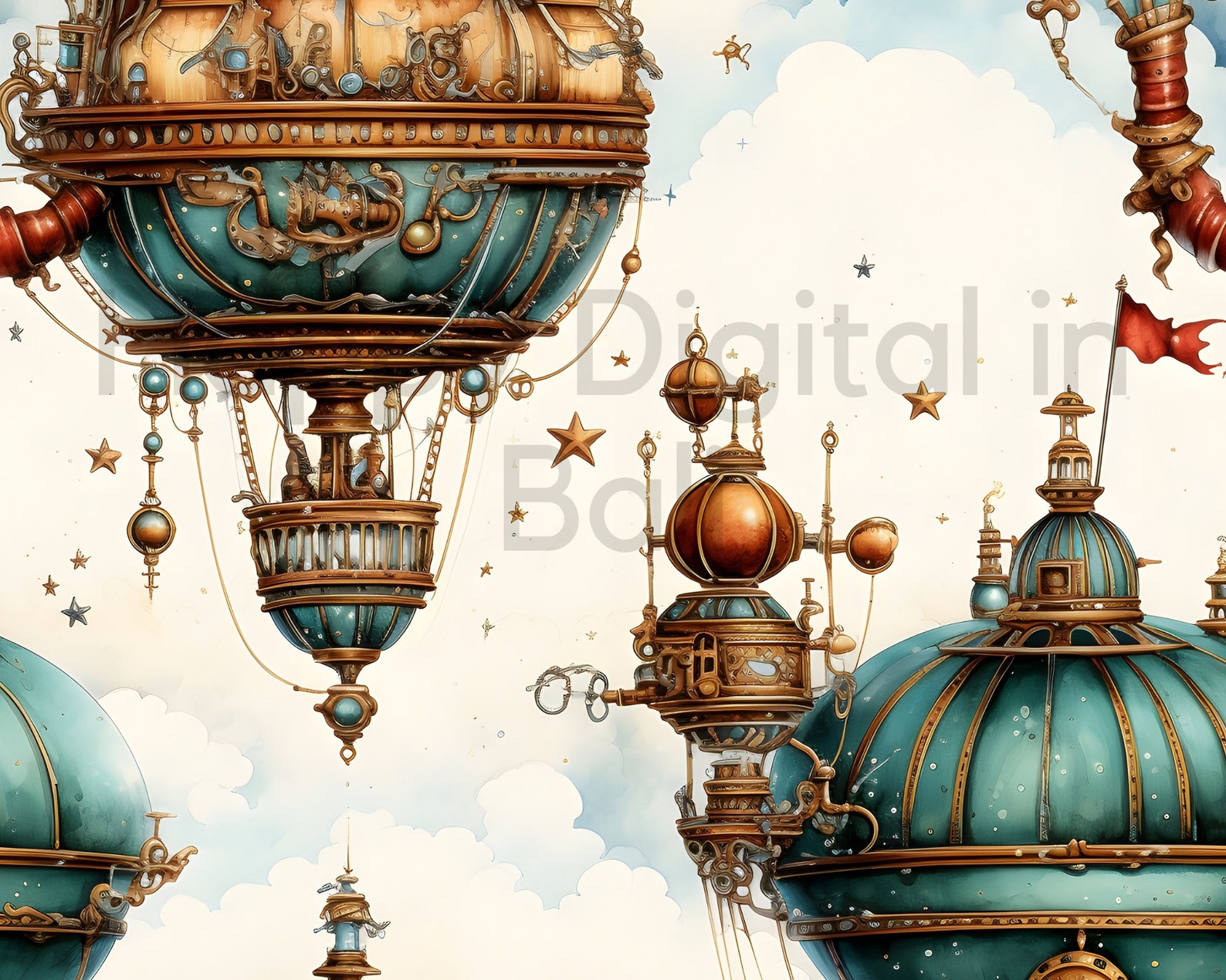 Steampunk Balloons - 10 Watercolor Seamless Patterns, 12'x12', 300dpi ...