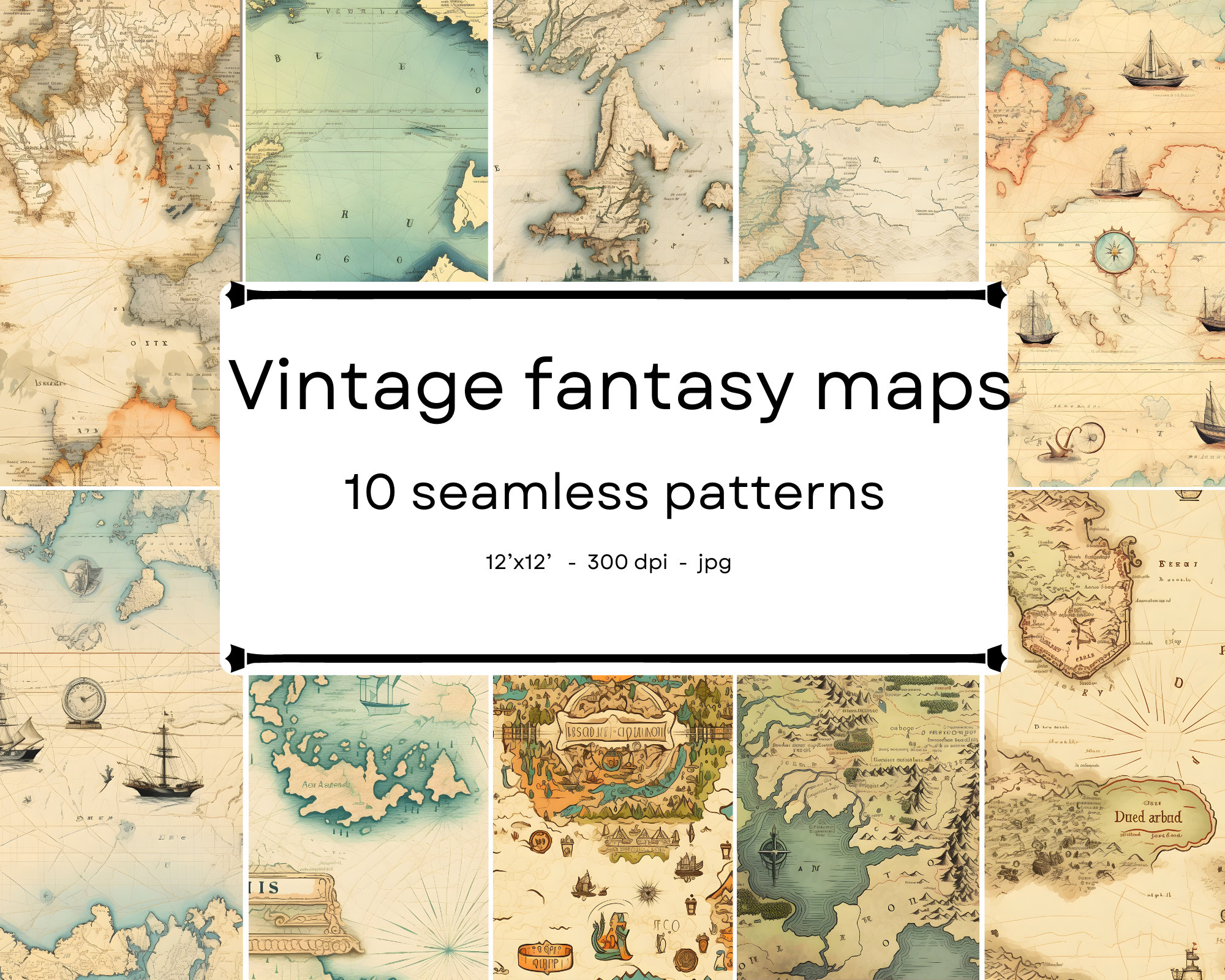 Vintage Fantasy Maps - 10 Seamless Patterns. 12'x12', 300dpi - Seamless ...