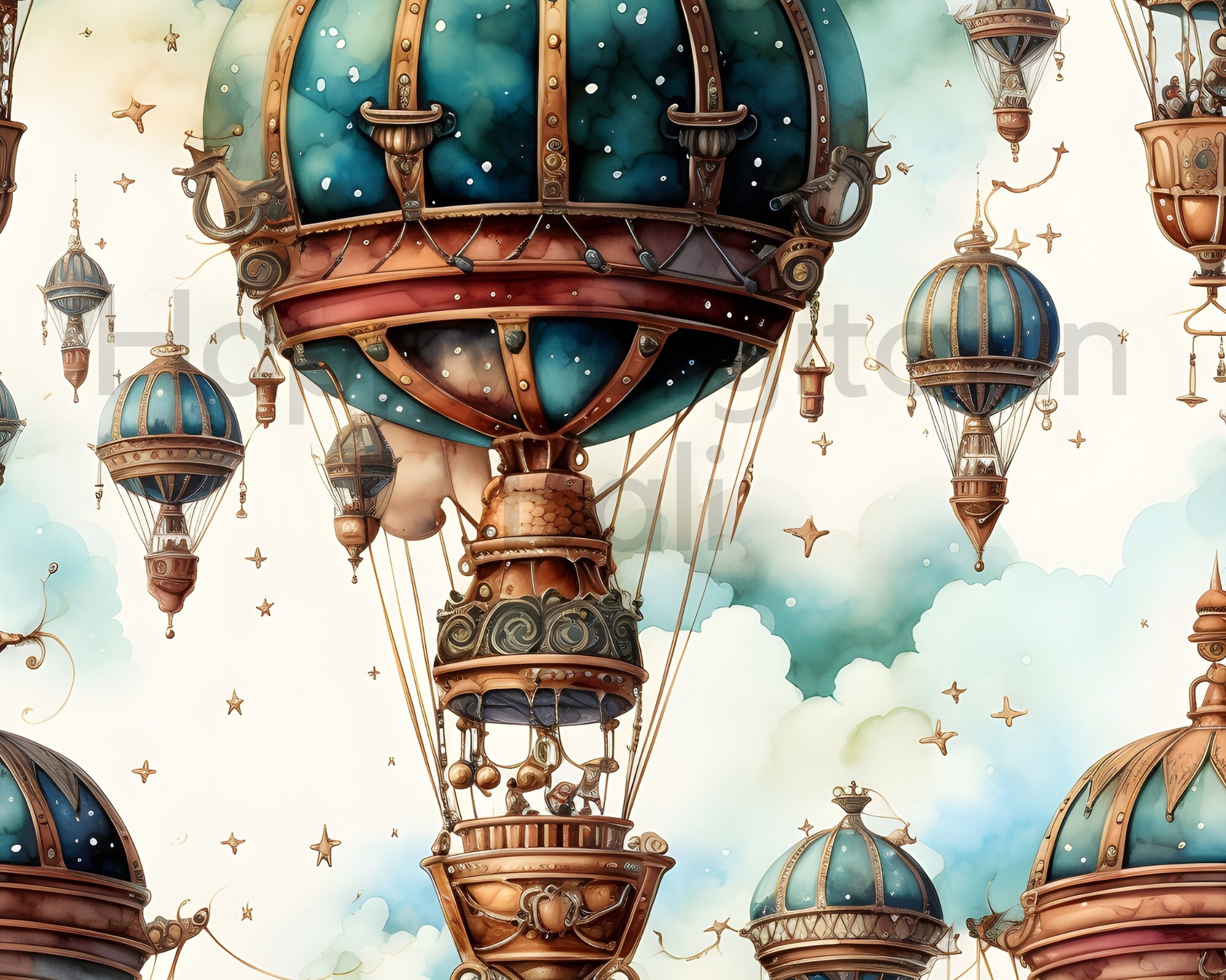 Steampunk Balloons - 10 Watercolor Seamless Patterns, 12'x12', 300dpi ...