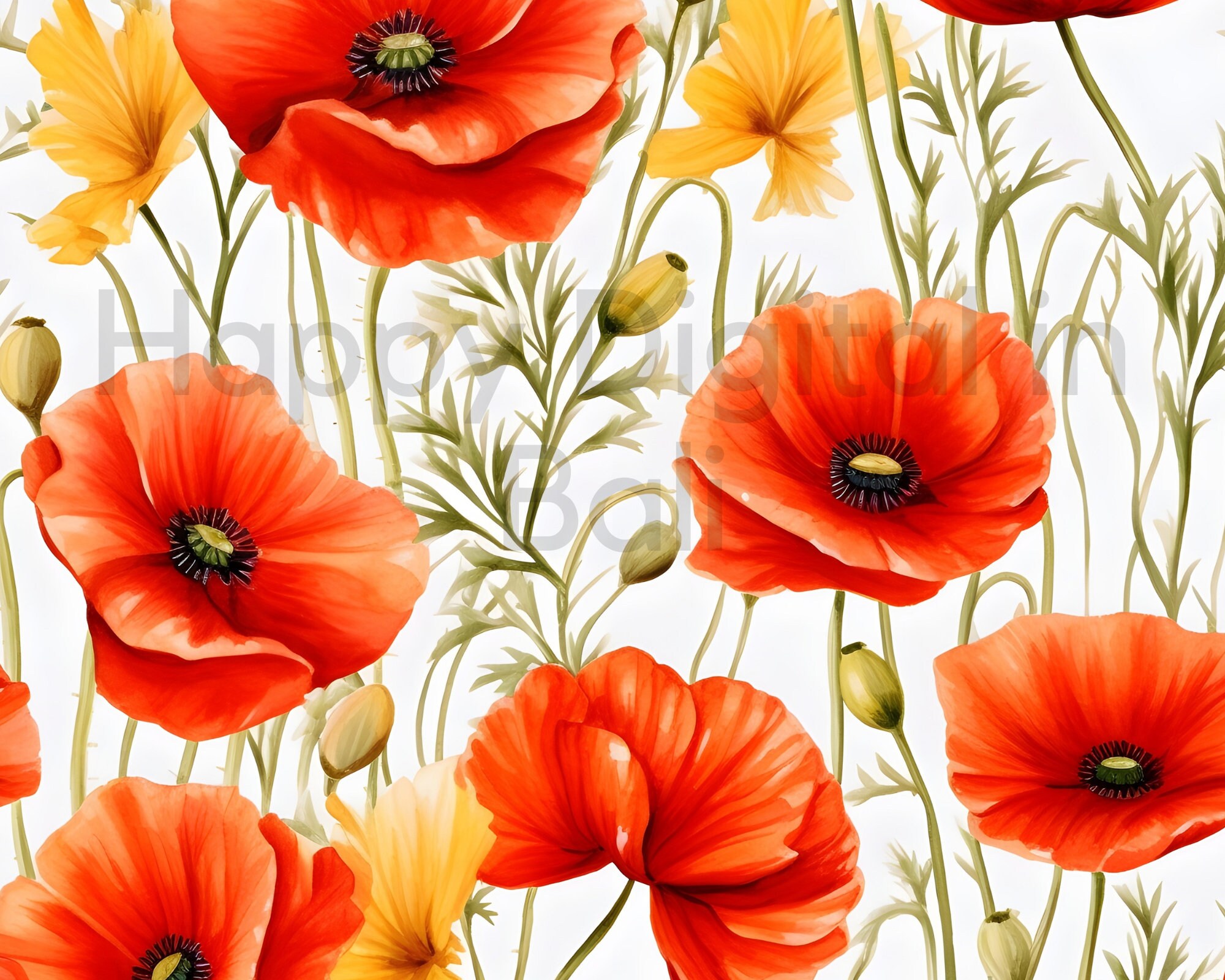 Watercolor Poppies 10 Seamless Patterns, 12'x12', 300dpi Seamless ...