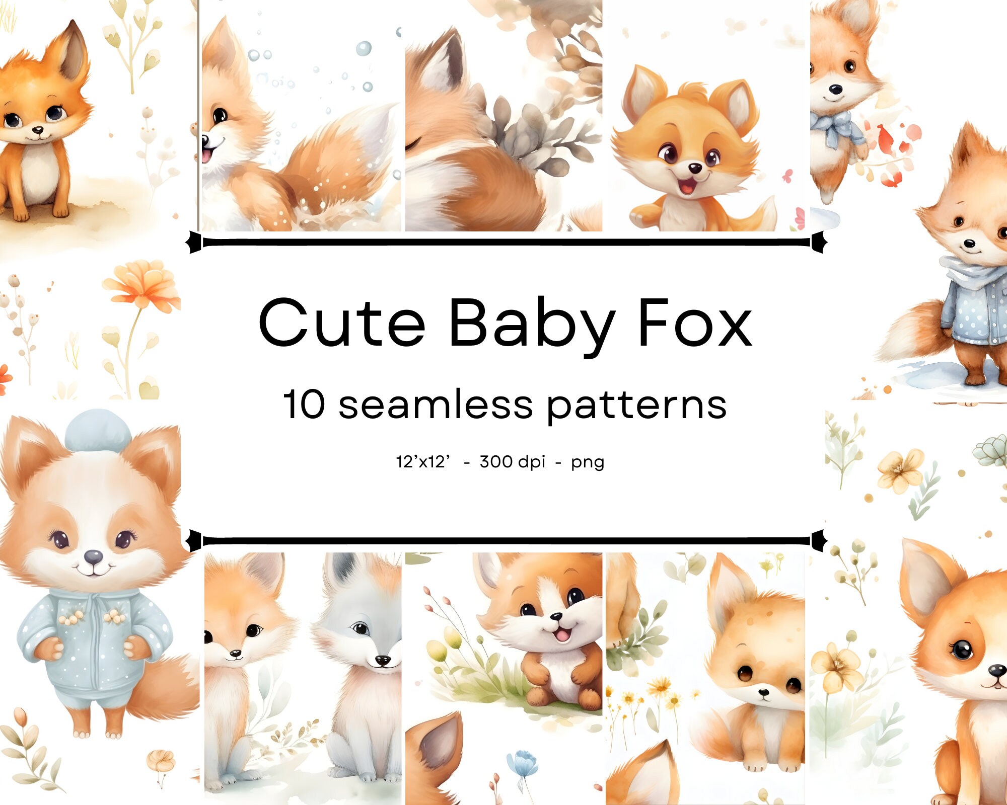 Cute Baby Fox 10 Seamless Watercolor Patterns - Etsy