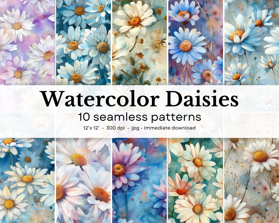Watercolor Daisies - 10 Seamless Patterns, 12'x12', 300dpi - Seamless ...