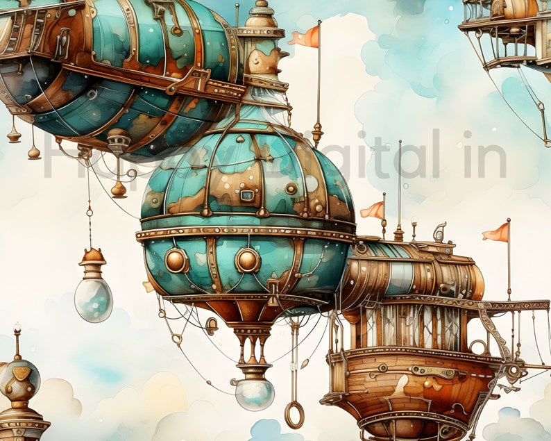 Steampunk Balloons - 10 Watercolor Seamless Patterns, 12'x12', 300dpi ...