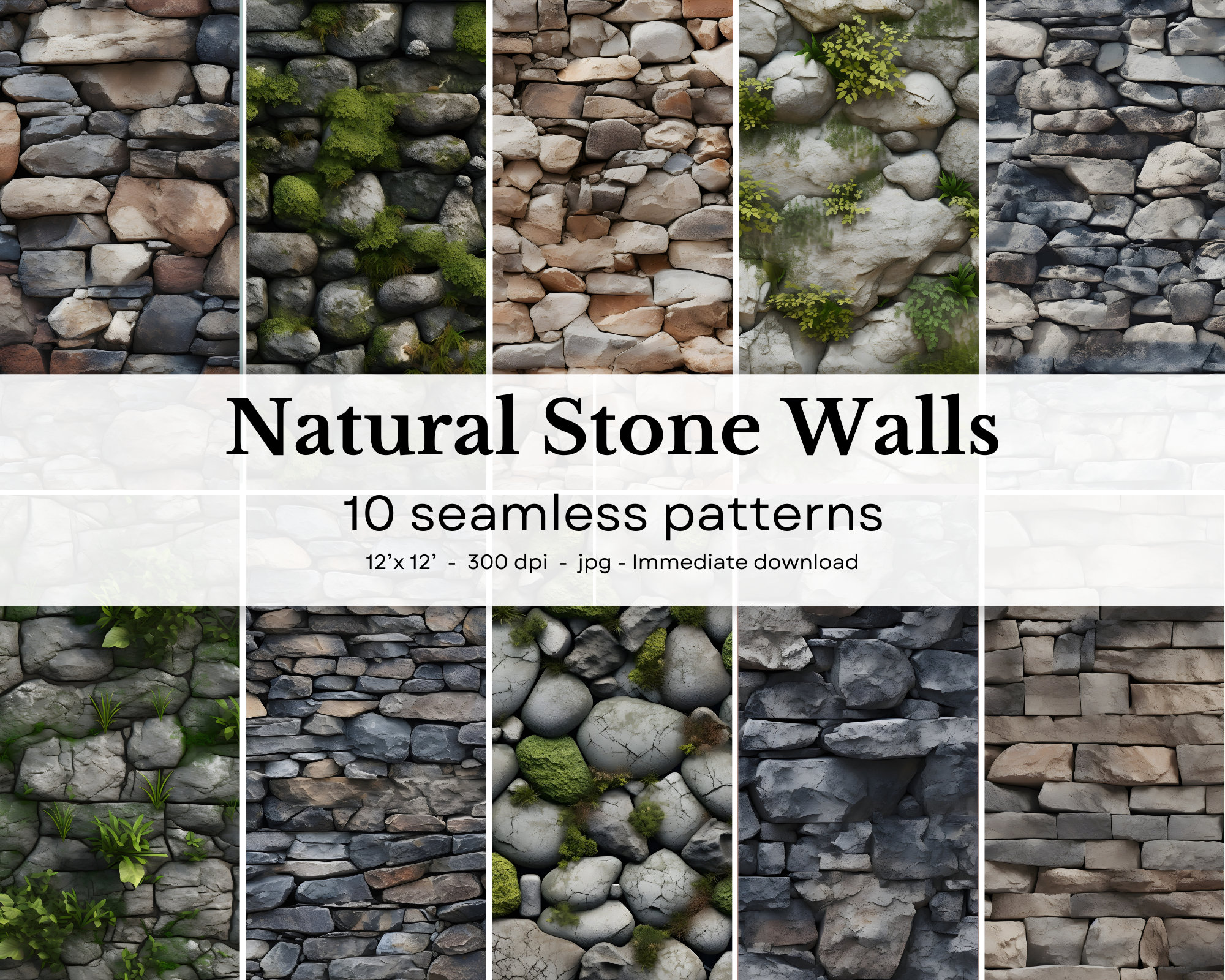 Natural Stone Walls - 10 Seamless Patterns, 12'x12', 300dpi - Seamless ...