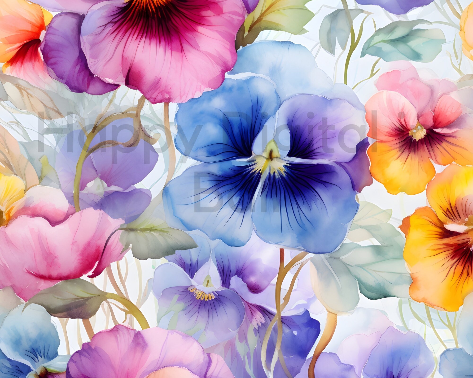 Watercolor Pansies 10 Seamless Patterns, 12'x12', 300dpi Seamless ...