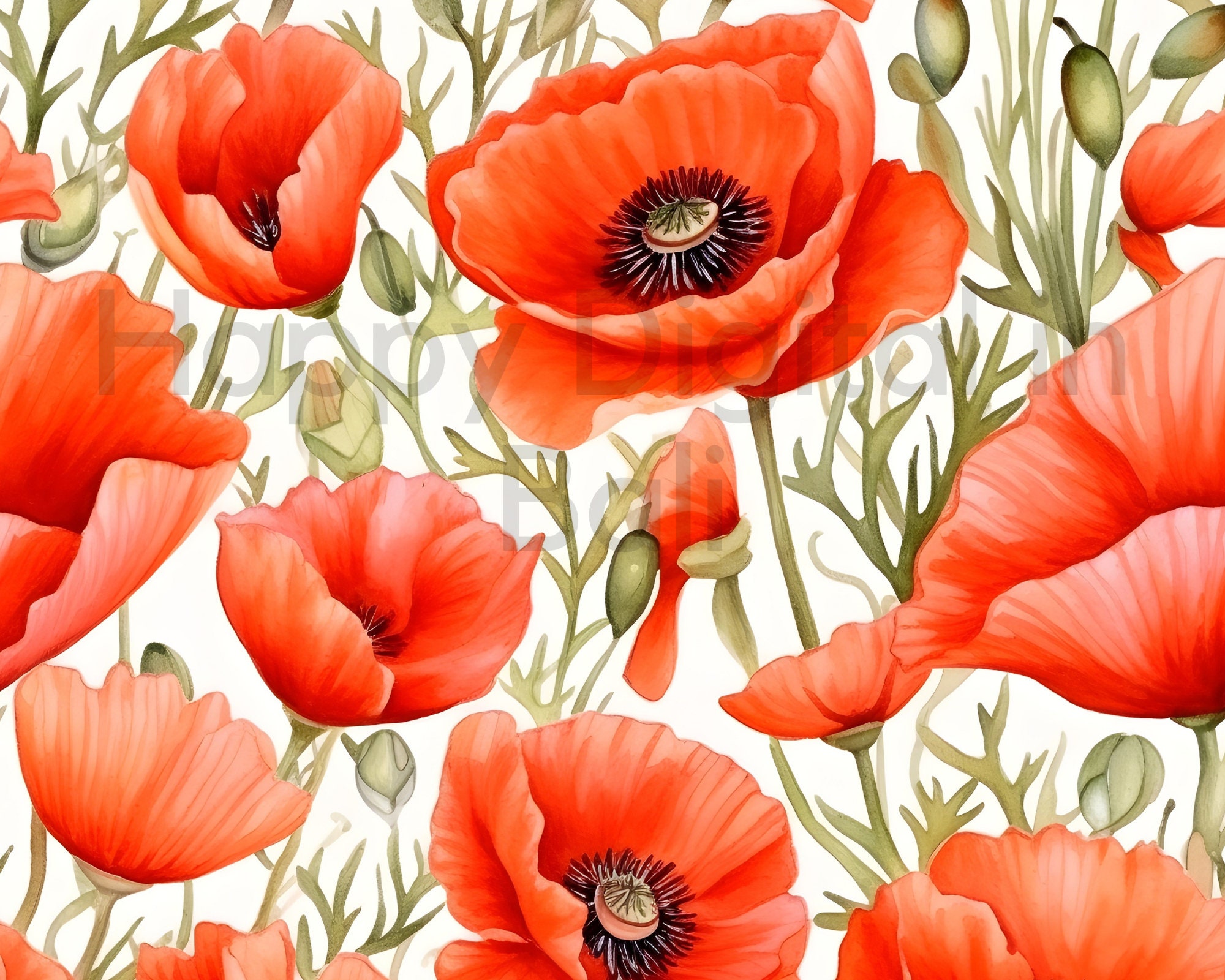 Watercolor Poppies 10 Seamless Patterns, 12'x12', 300dpi Seamless ...