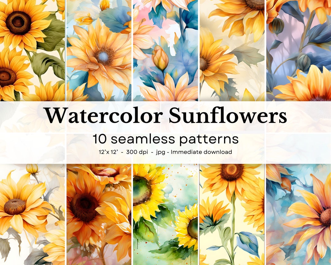 Watercolor Sunflowers - 10 Seamless Patterns, 12'x12', 300dpi ...