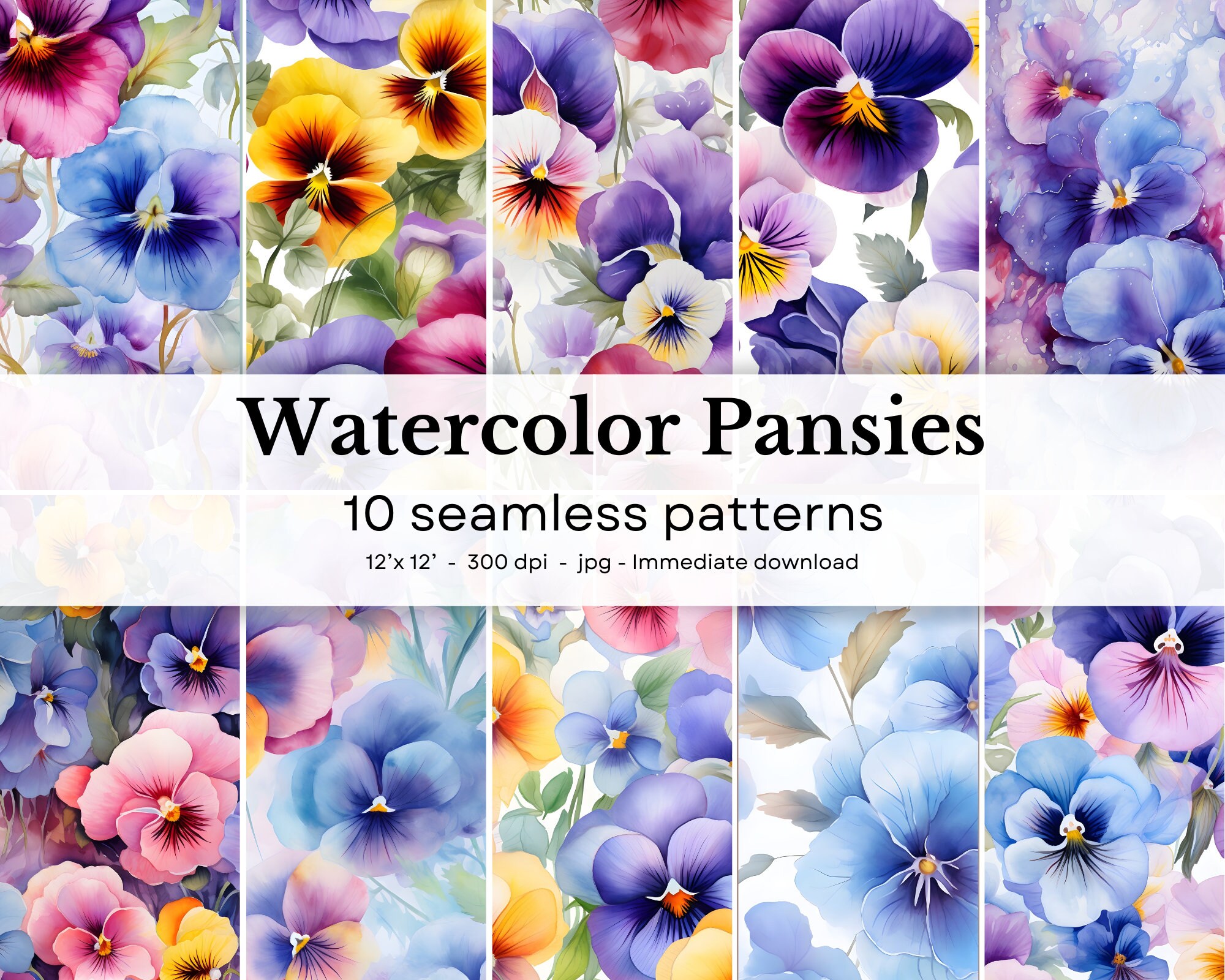 Watercolor Pansies - 10 Seamless Patterns, 12'x12', 300dpi - Seamless ...