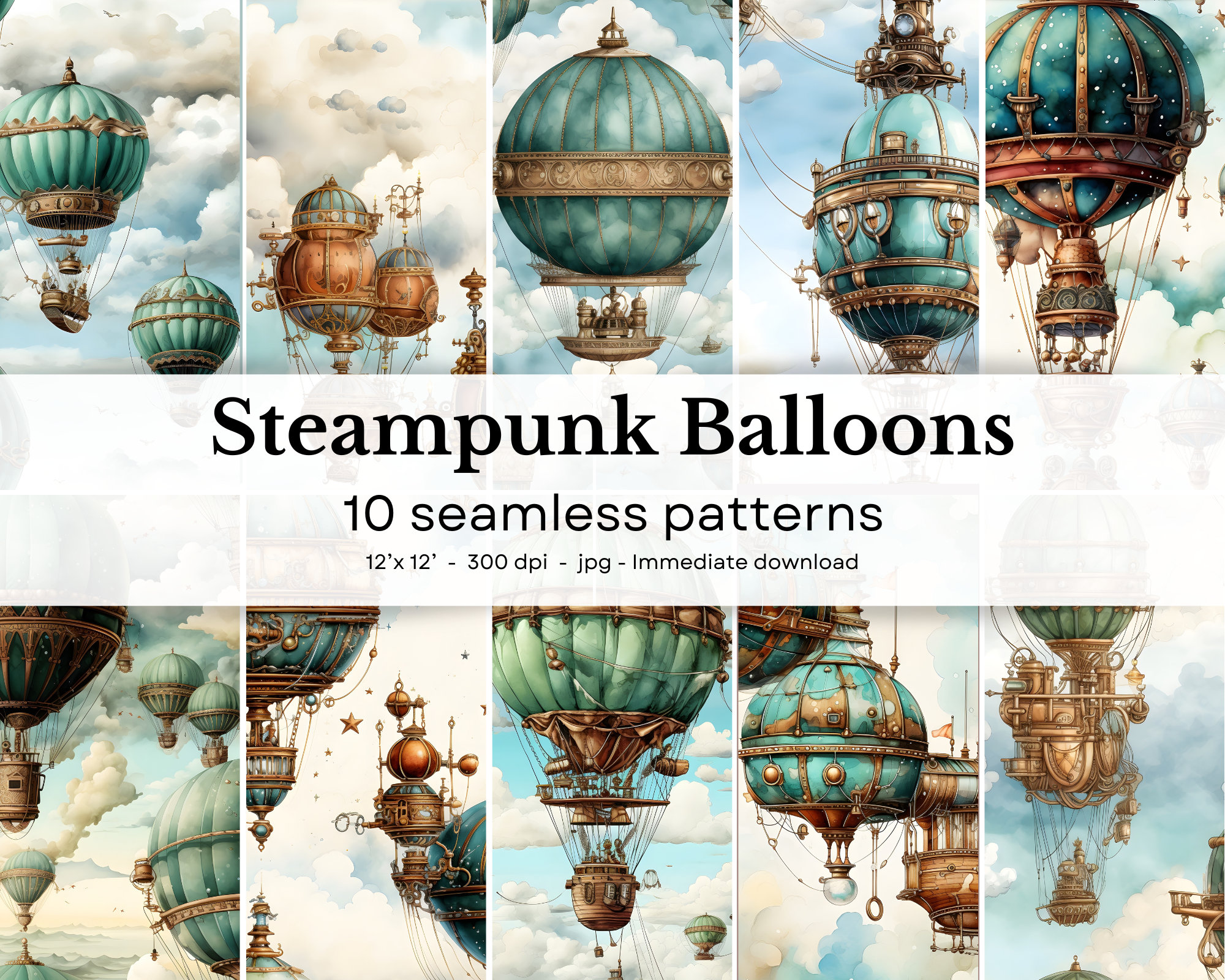 Steampunk Balloons - 10 Watercolor Seamless Patterns, 12'x12', 300dpi ...