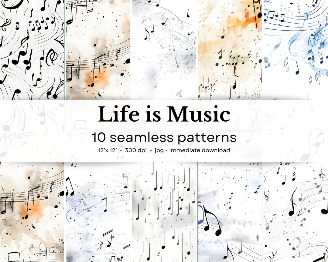 Life is Music - 10 Watercolor Seamless Patterns, 12'x12', 300dpi ...