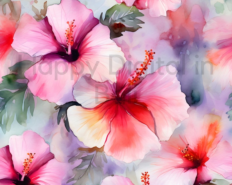 Watercolor Hibiscus - 10 Seamless Patterns, 12'x12', 300dpi - Seamless ...
