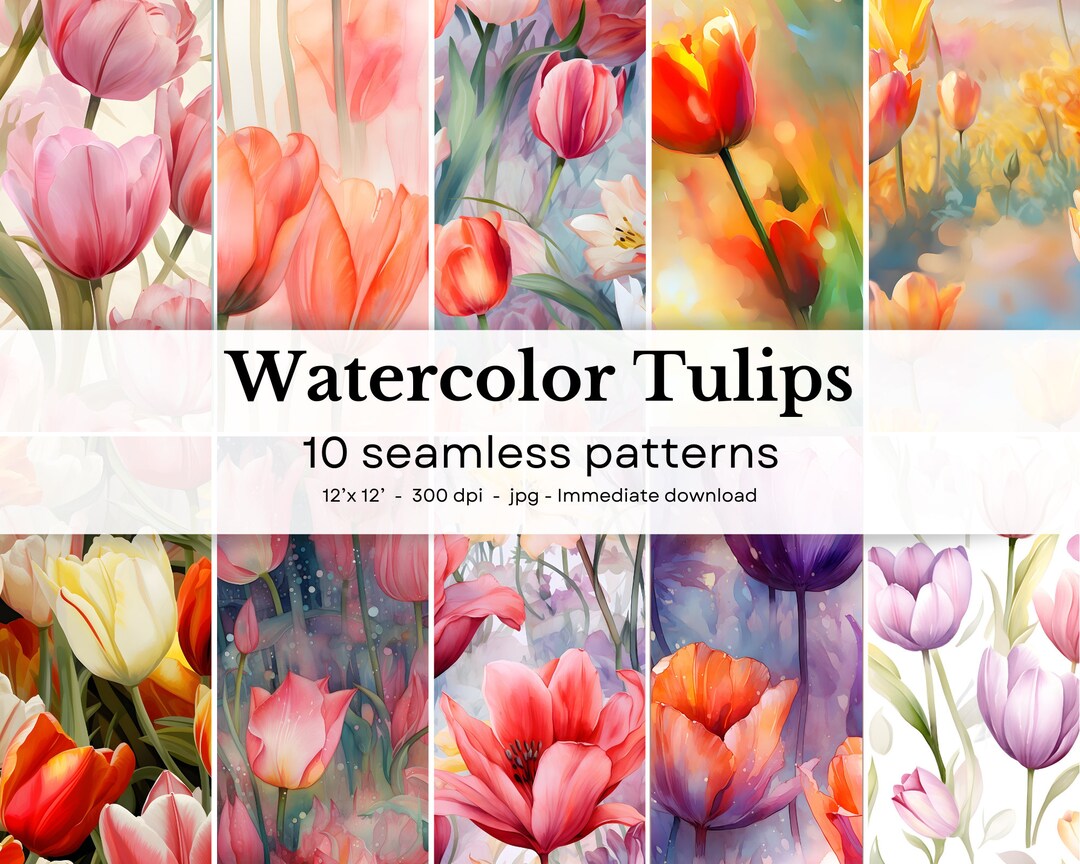 Watercolor Tulips - 10 Seamless Patterns, 12'x12', 300dpi - Seamless ...