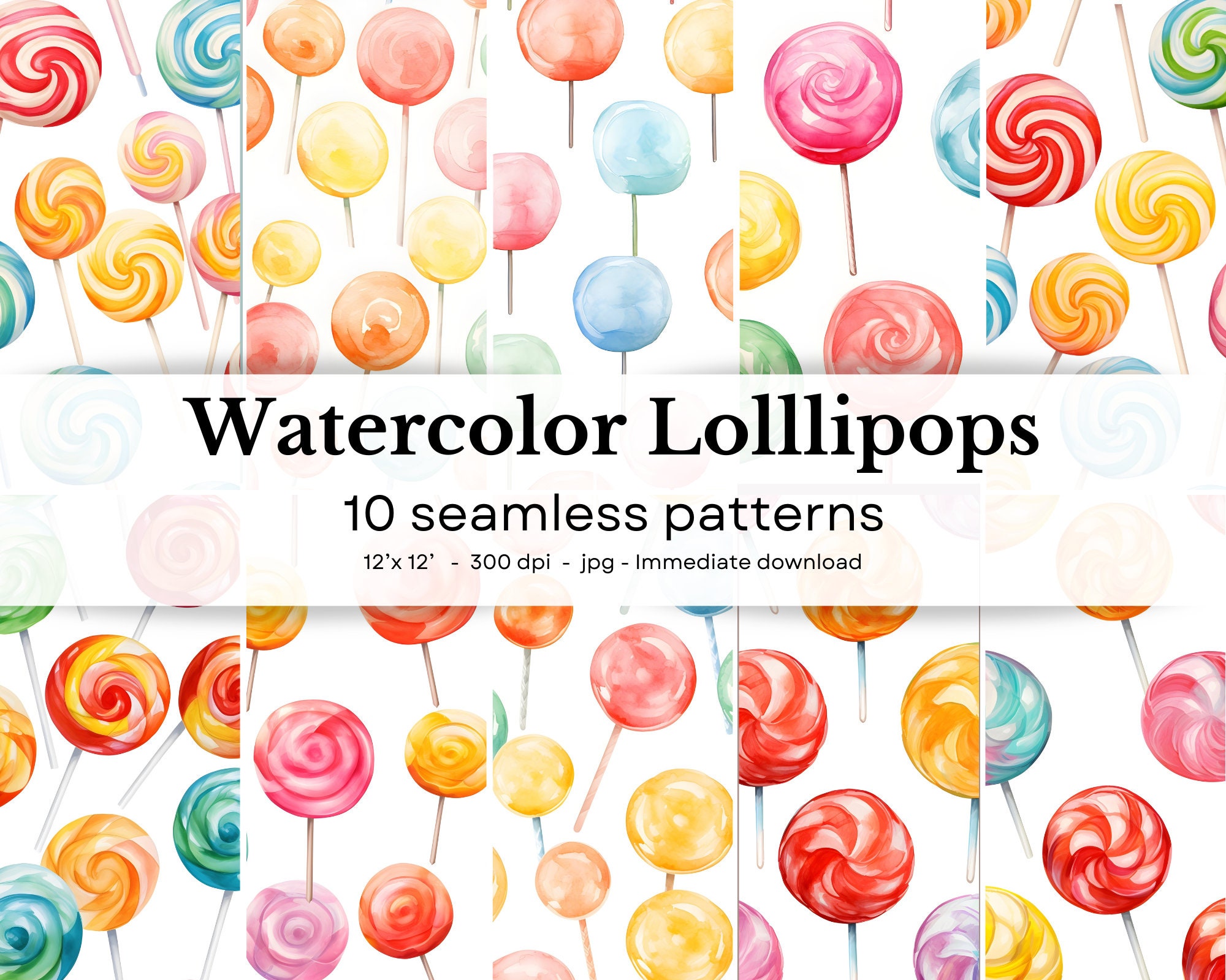 Watercolor Lollipops - 10 Seamless Patterns, 12'x12', 300dpi - Seamless ...