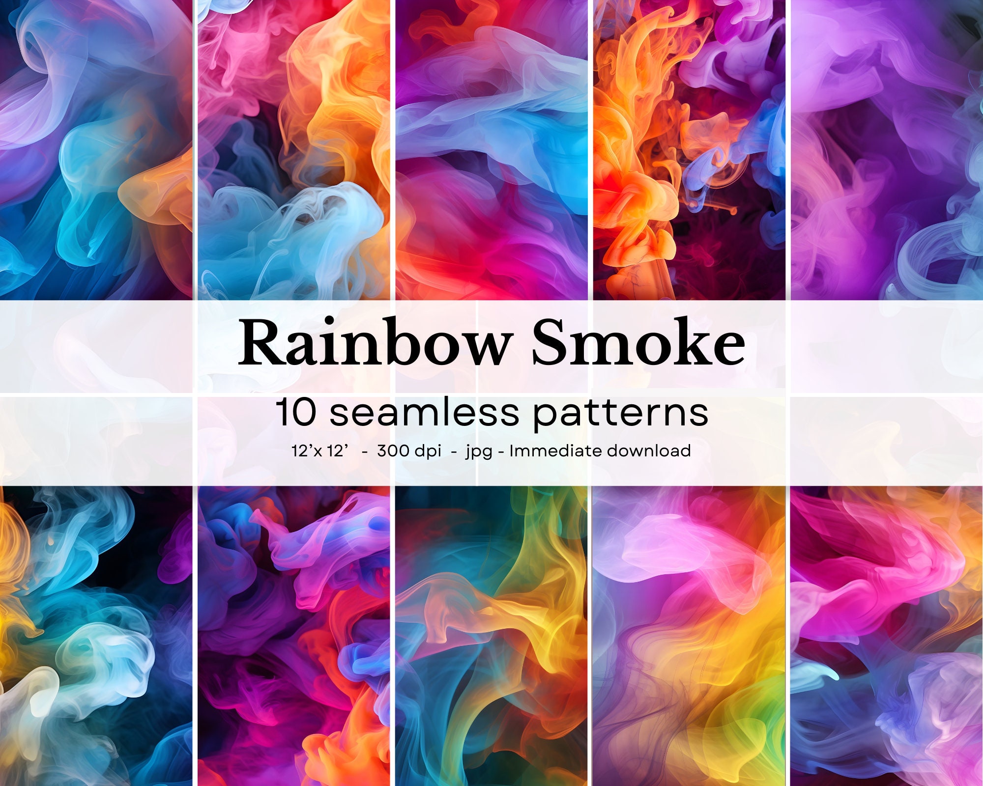 Rainbow Smoke 10 Seamless Patterns, 12'x12', 300dpi Seamless Digital ...