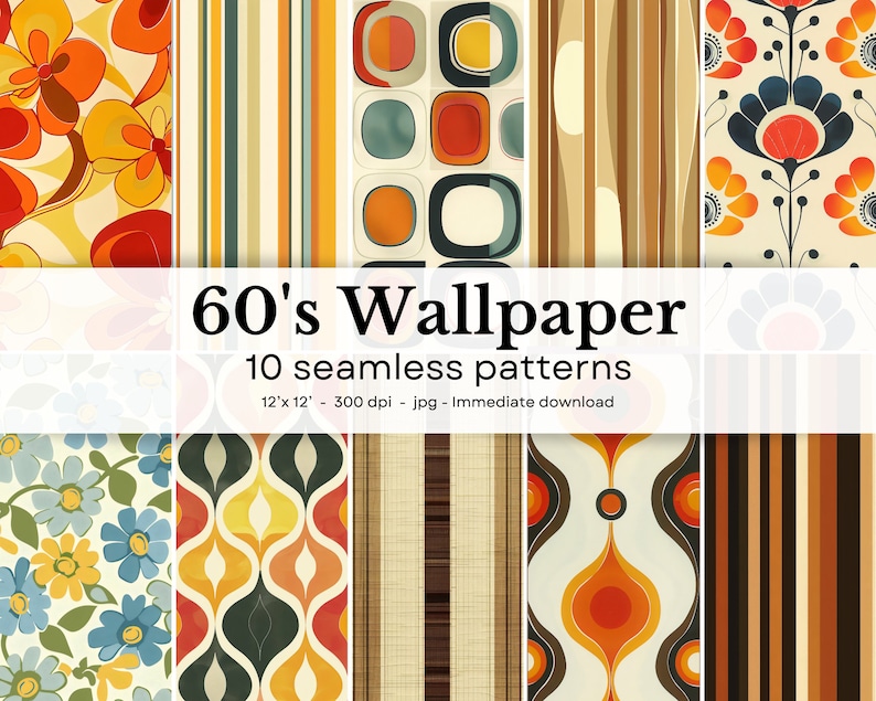 60's Wallpaper - 10 Watercolor Seamless Patterns, 12'x12', 300dpi - Seamless Digital Paper Pack ...