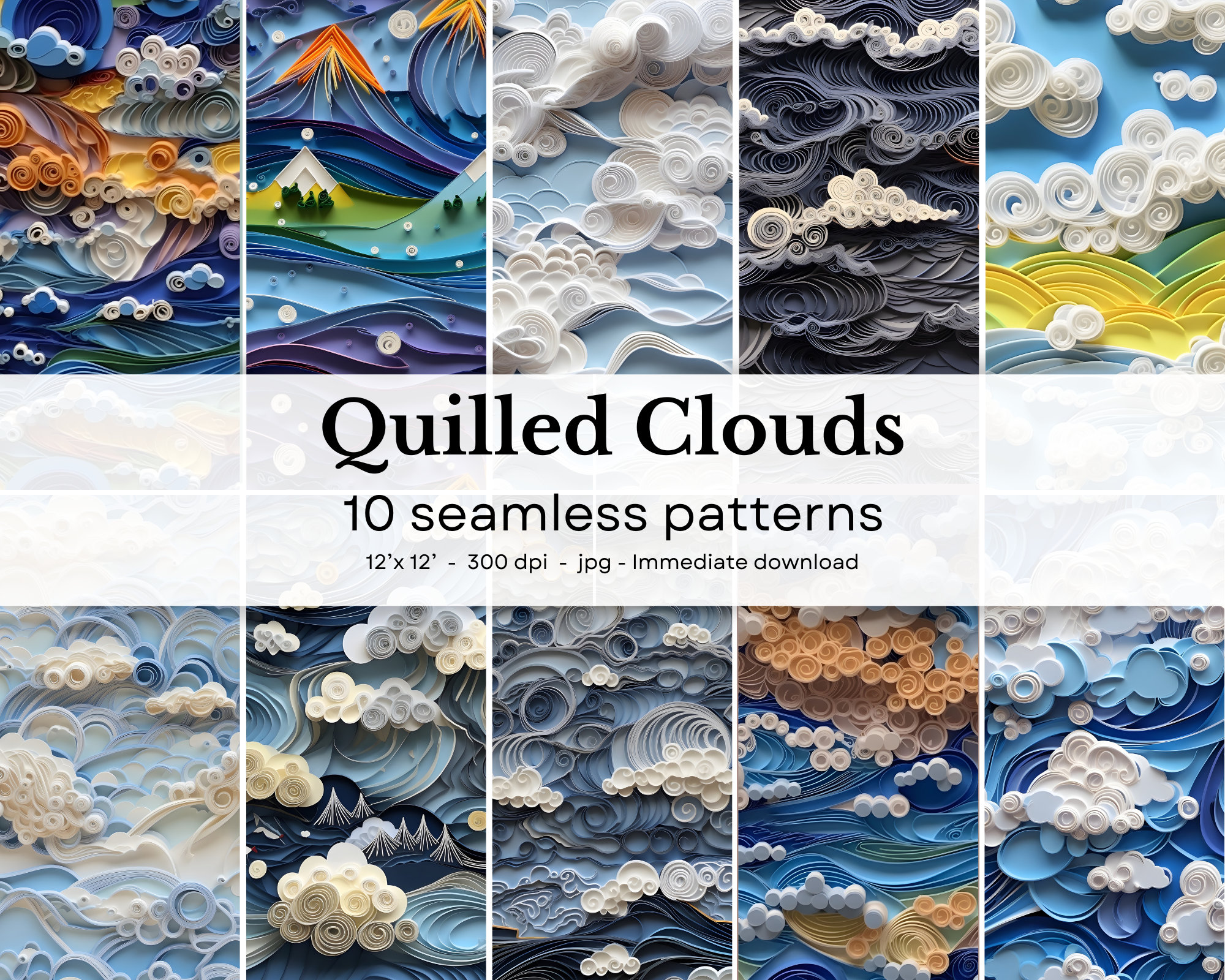 Quilled Clouds - 10 Seamless Patterns, 12'x12', 300dpi - Seamless ...