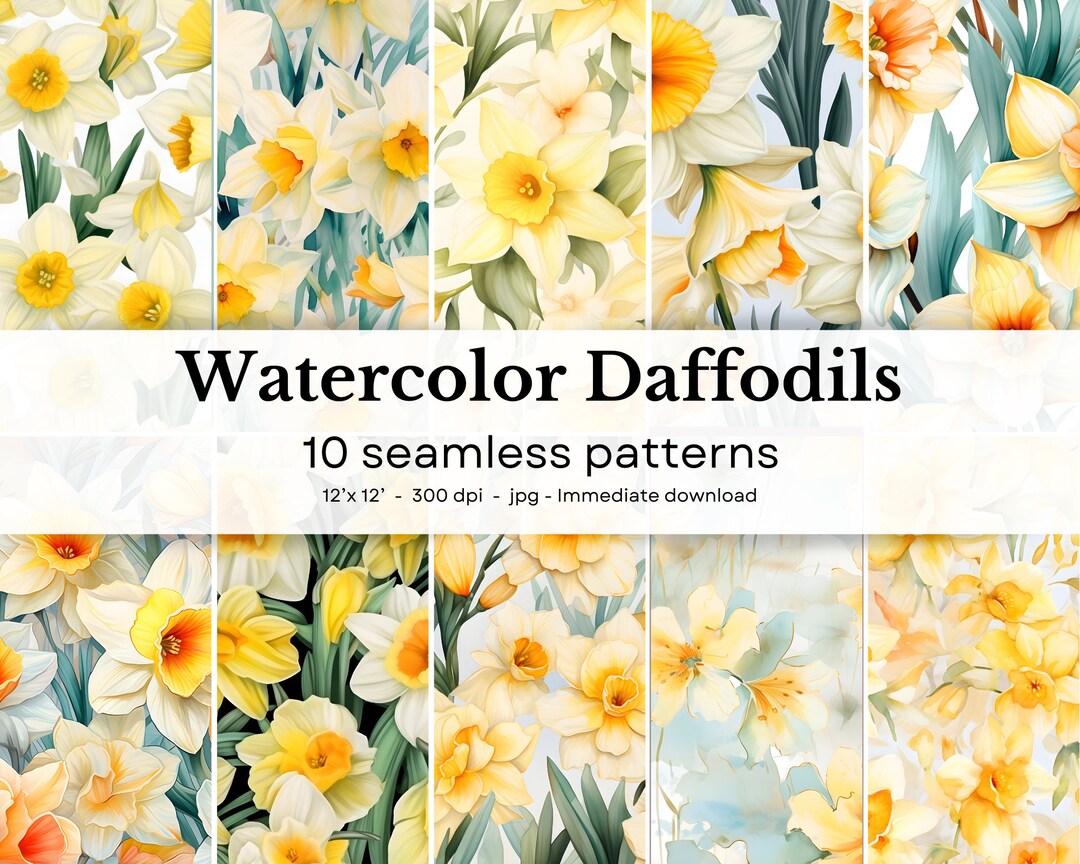 Watercolor Daffodils - 10 Seamless Patterns, 12'x12', 300dpi - Seamless ...