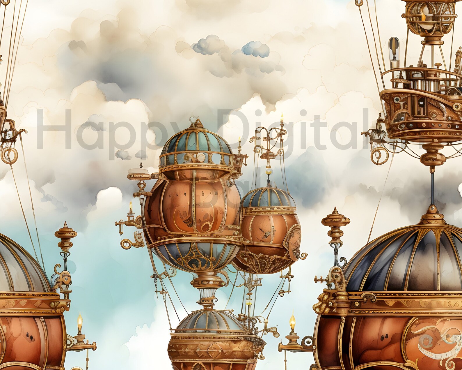 Steampunk Balloons - 10 Watercolor Seamless Patterns, 12'x12', 300dpi ...
