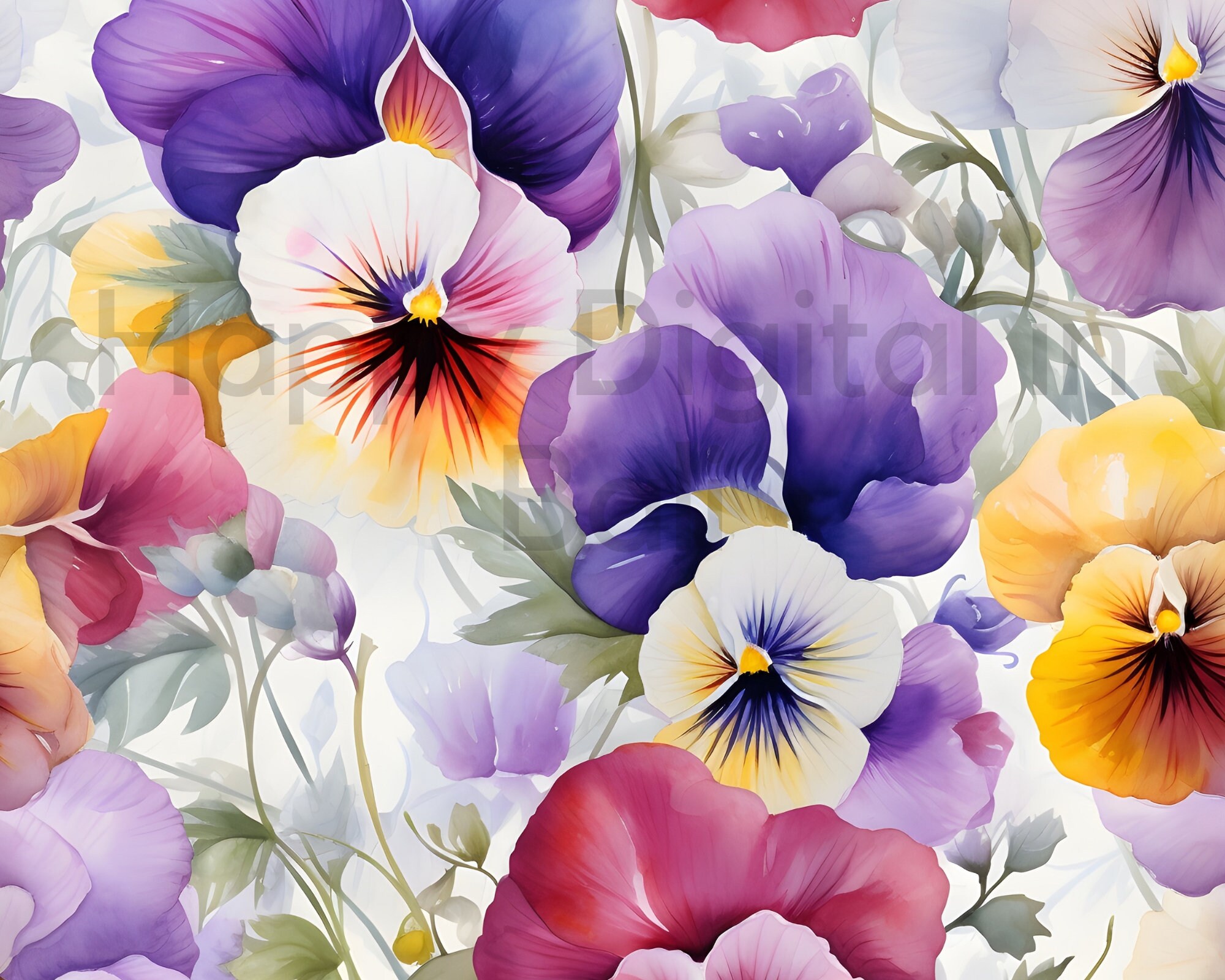 Watercolor Pansies - 10 Seamless Patterns, 12'x12', 300dpi - Seamless ...
