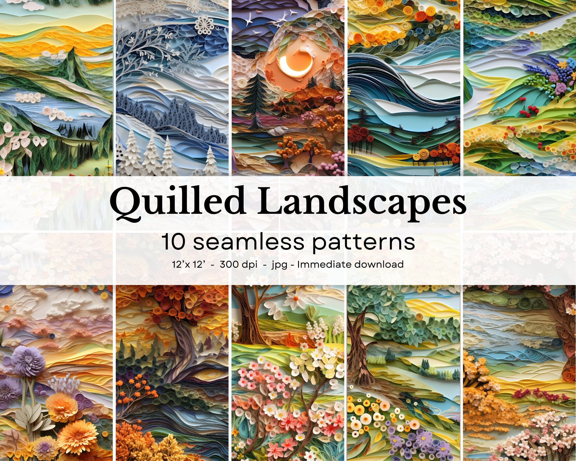 Quilled Landscapes - 10 Seamless Patterns, 12'x12', 300dpi - Seamless ...