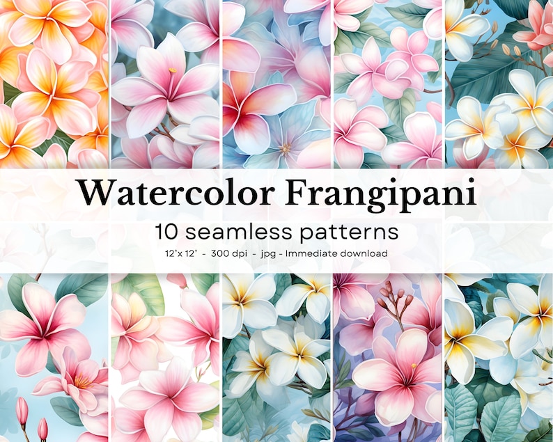 Watercolor Frangipani - 10 Seamless Patterns, 12'x12', 300dpi ...
