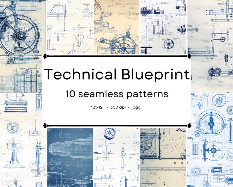 Technical Blueprints - 10 Seamless Patterns. 12'x12', 300dpi - Seamless ...