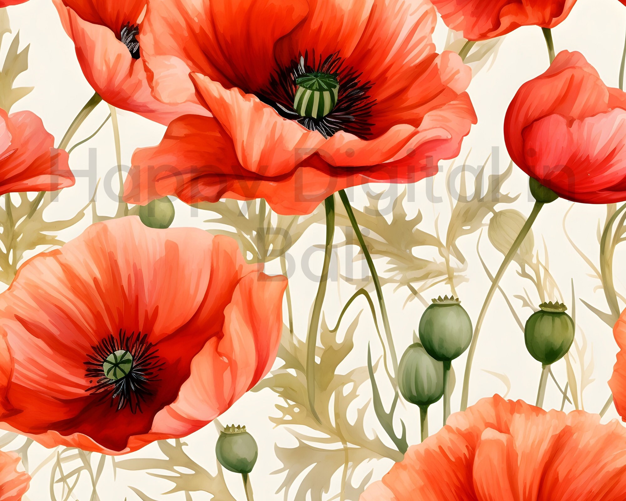 Watercolor Poppies - 10 Seamless Patterns, 12'x12', 300dpi - Seamless ...