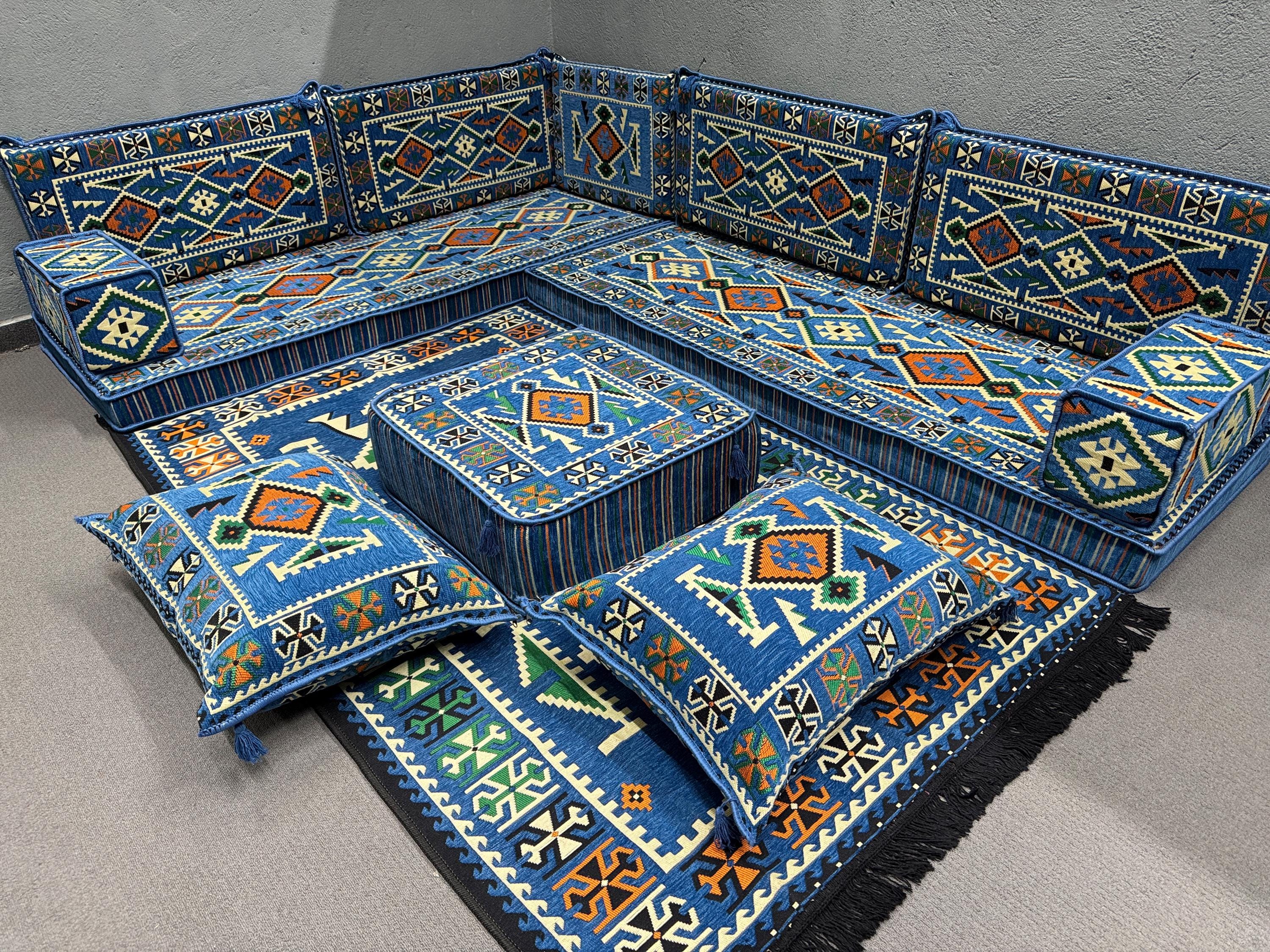 Blue Floor Seating Set, Traditional Sofa, Anatolian Floor Pillow ...