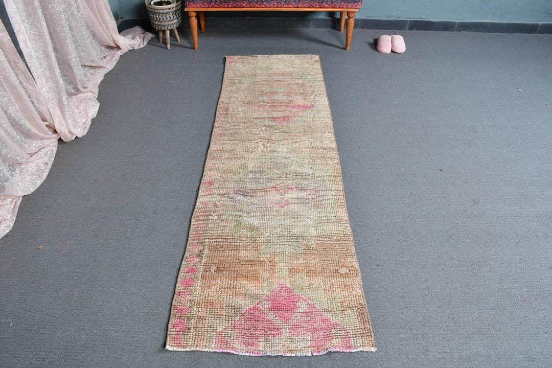 Vintage Turkish Runner Rug, 2x7ft, Subtle Pink and Earthy Tones ...