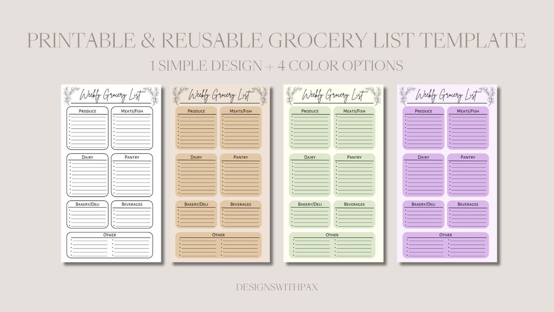 Printable and Reusable Grocery List Template + 4 Color Options - Etsy