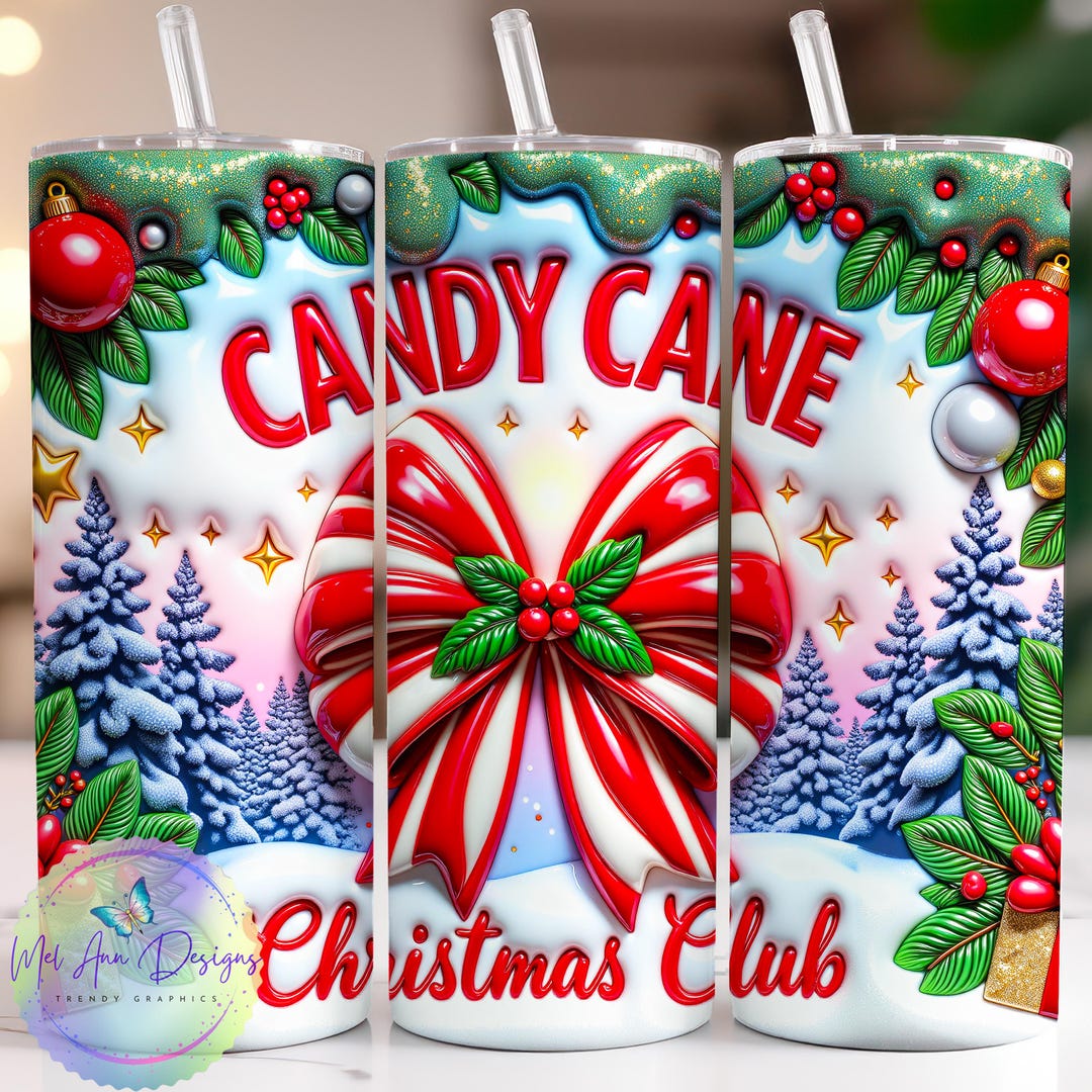 Inflated 3D Candy Cane Christmas Club Tumbler Wrap PNG, Holiday ...