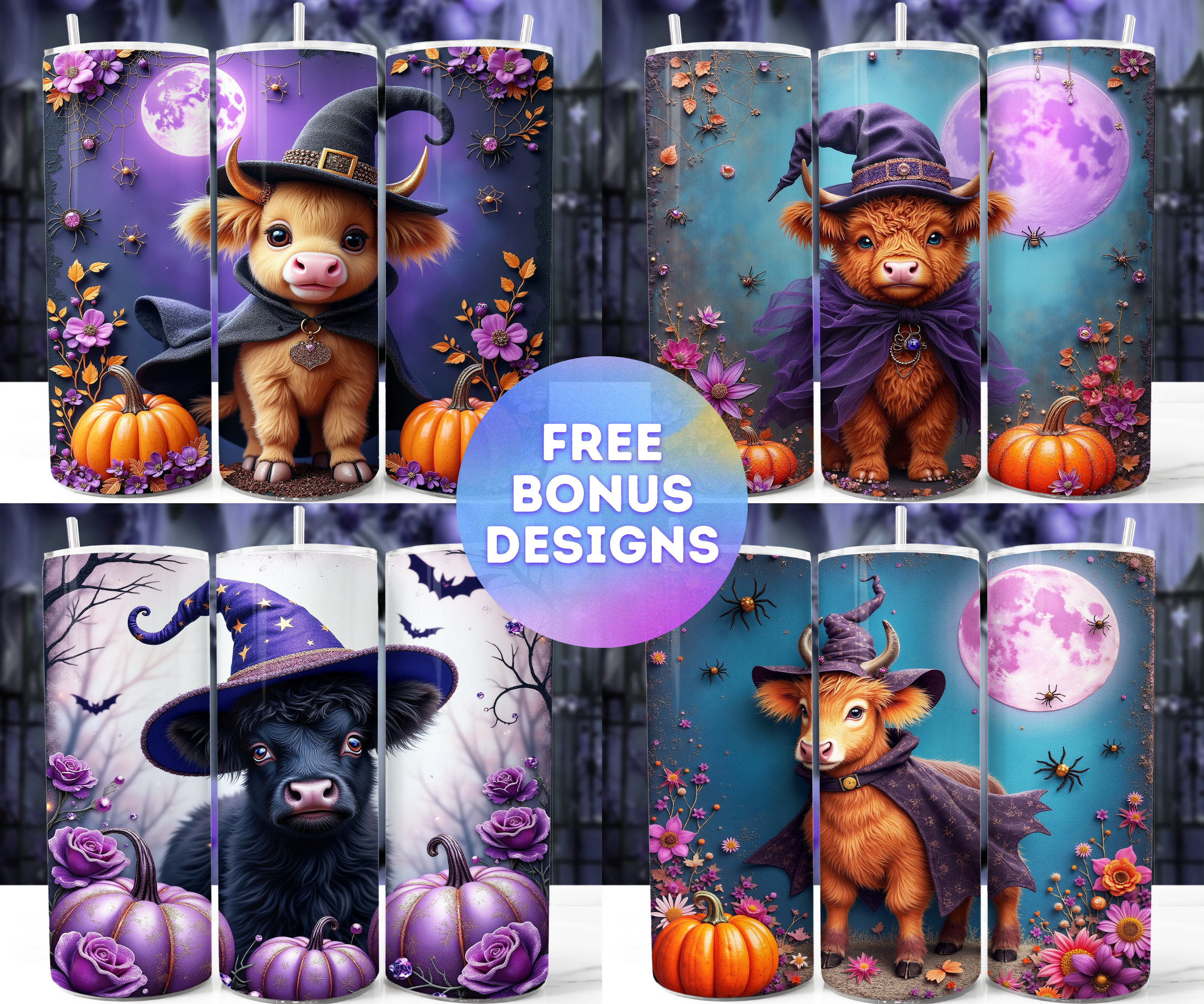 Cute Baby Highland Cow Witch, Halloween PNG, Witchy Tumbler Wrap ...